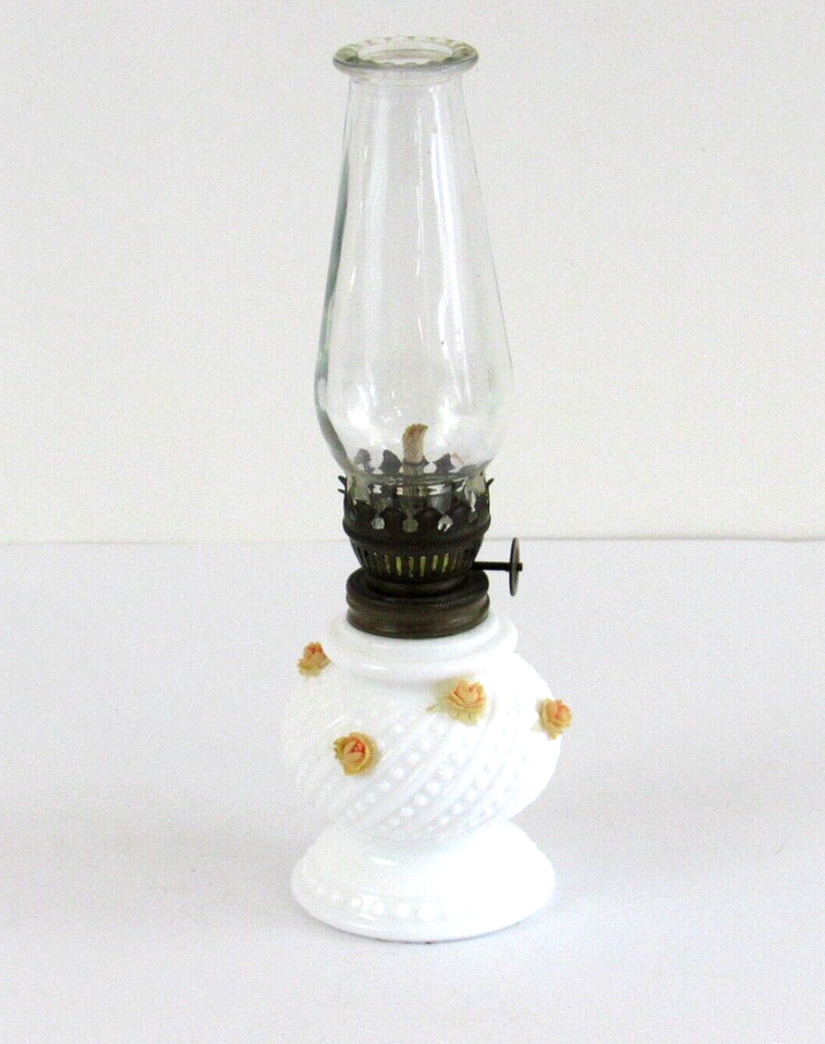 Vtg Enesco Mini Kerosene Oil Lamp MCM Hobnail Milk Glass Pink Roses 8.5 ...