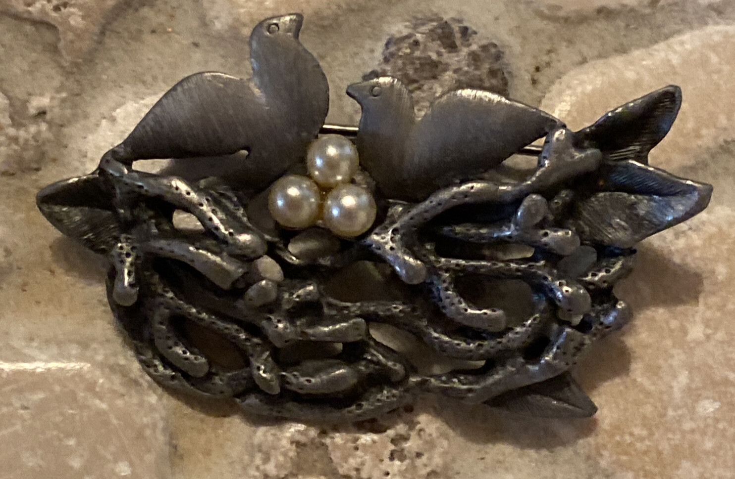 Beautiful Figural Pewter Brooch Pin Bird Nest Faux Pearl Eggs Signed ...