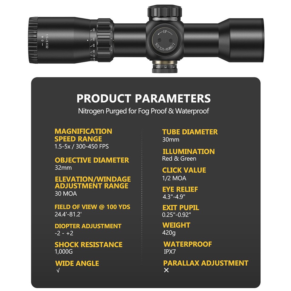 1.5-5x32 Crossbow Scope Illuminated FPS Rifle Scope w/ Ballistic ...