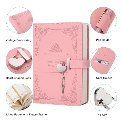 Heart-Shaped Lock diary with pen,A5 Size Soft PU Leather Locking ...