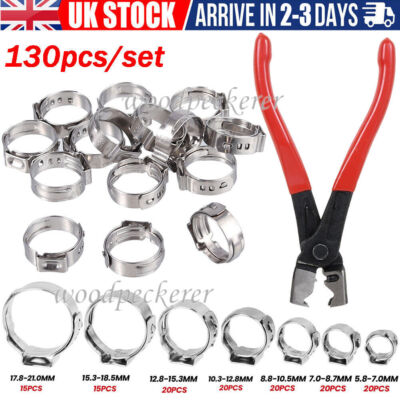 100X Assorted Hose Clamp Stainless Steel Ear Cinch Rings Crimp Pinch ...