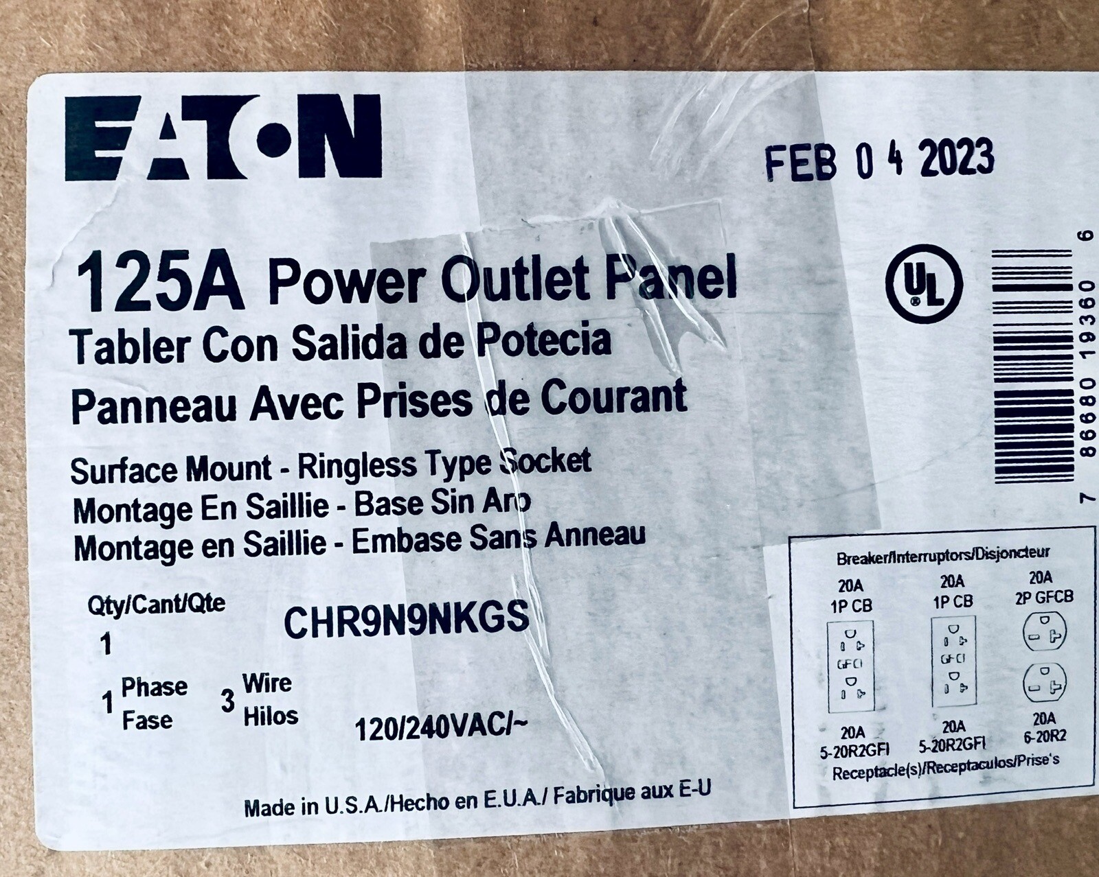 Eaton CHR9N9NKGS Power Outlet Panels Surface Mount 125A 240V 1Ph 3Wire ...