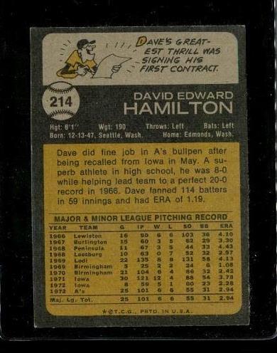 Vintage 1973 TOPPS Baseball Trading Card #214 DAVE HAMILTON Oakland ...