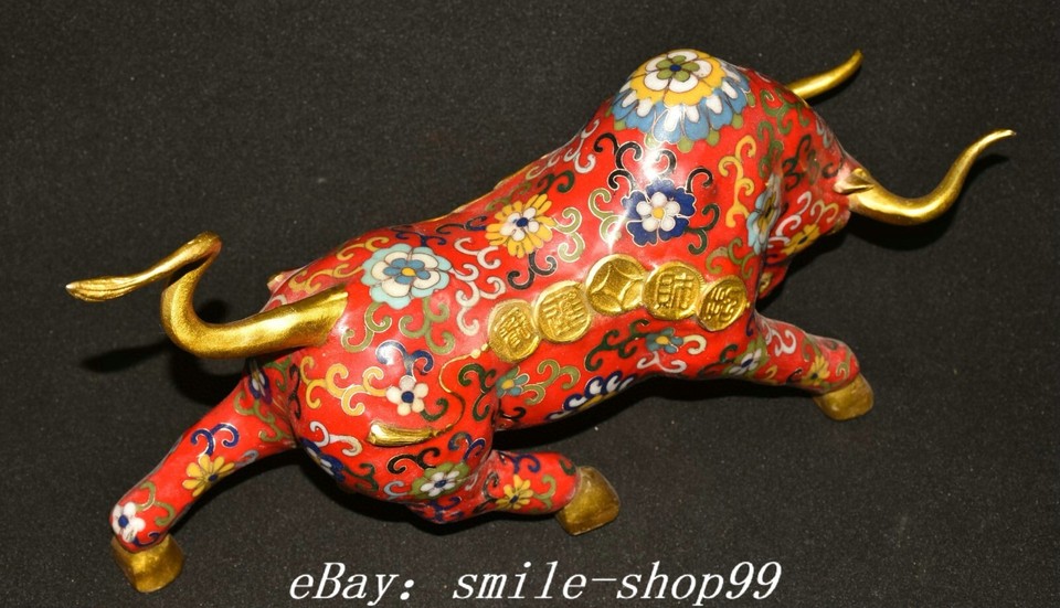 14" Qianlong Pure Bronze Cloisonne Enamel Fengshui Cattle Ox Bull ...