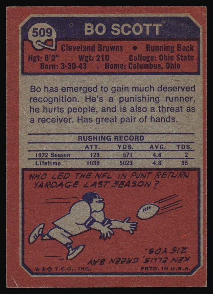 1973 Topps Bo Scott #509 Cleveland Browns | eBay