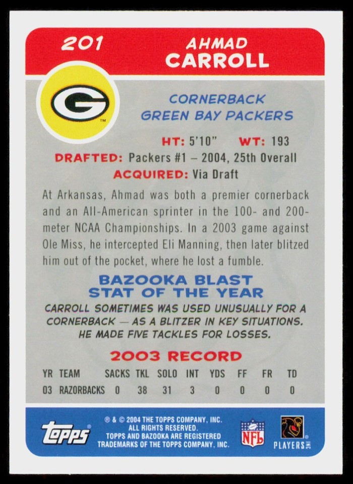 2002 Topps Bazooka Ahmad Carroll Rookie Packers #201 | eBay