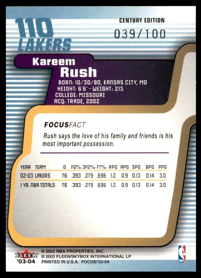2003-04 Fleer Focus Numbers Century Kareem Rush /100 Lakers #110 ...