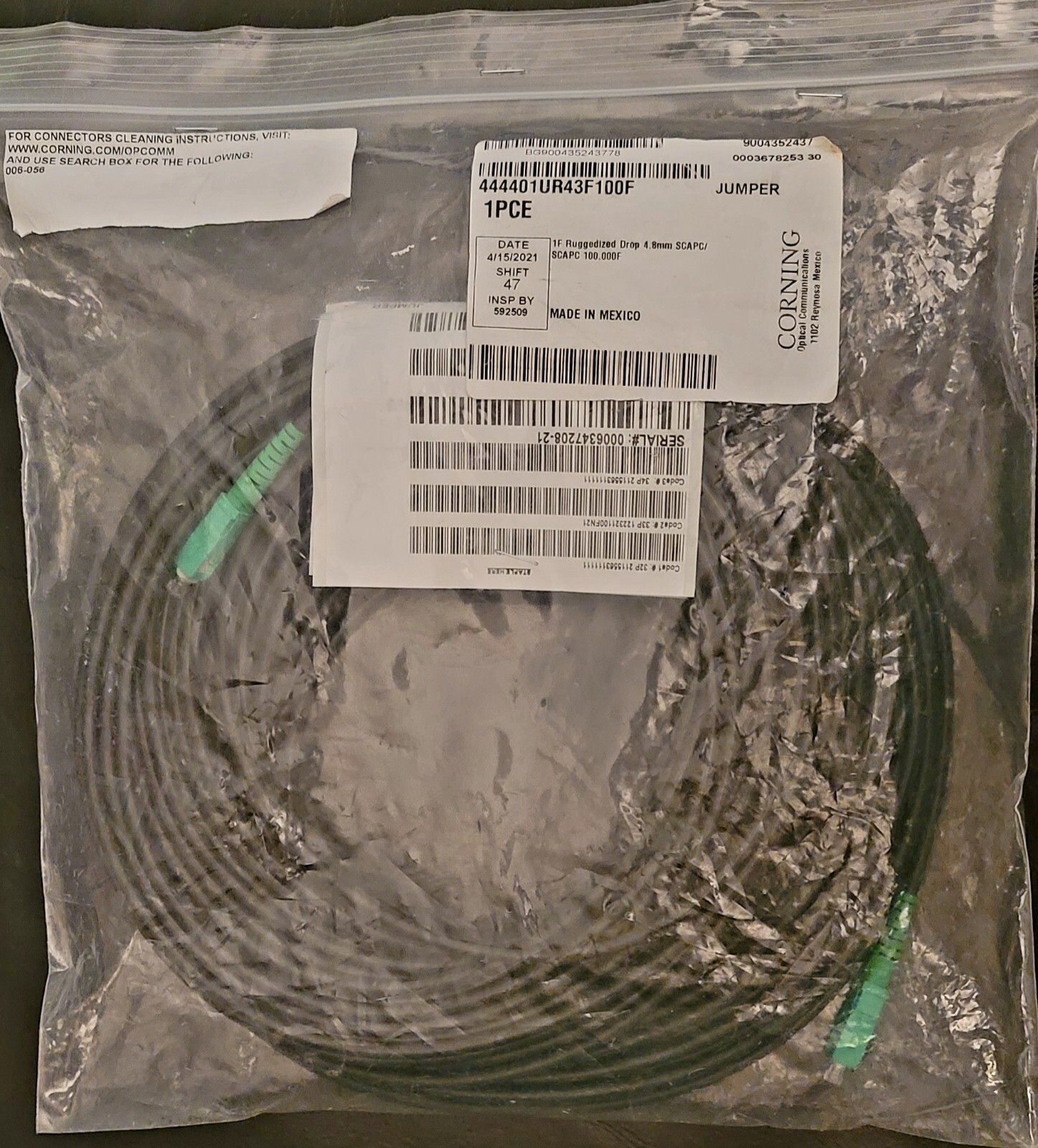 Corning 100ft Fiber Optic Cable 1F 5.0CC 4.8mm SCA326/SCA326 ...