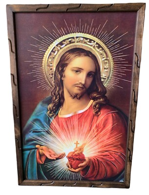 Sagrado Corazon De Jesus con Aureola Imagen en Cuadro Rustico De Madera ...