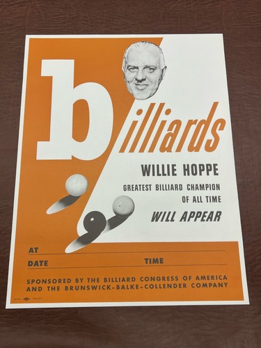 WILLIE HOPPE Exhibition Billiard / Pool Poster #1 - Vintage - Brunswick ...