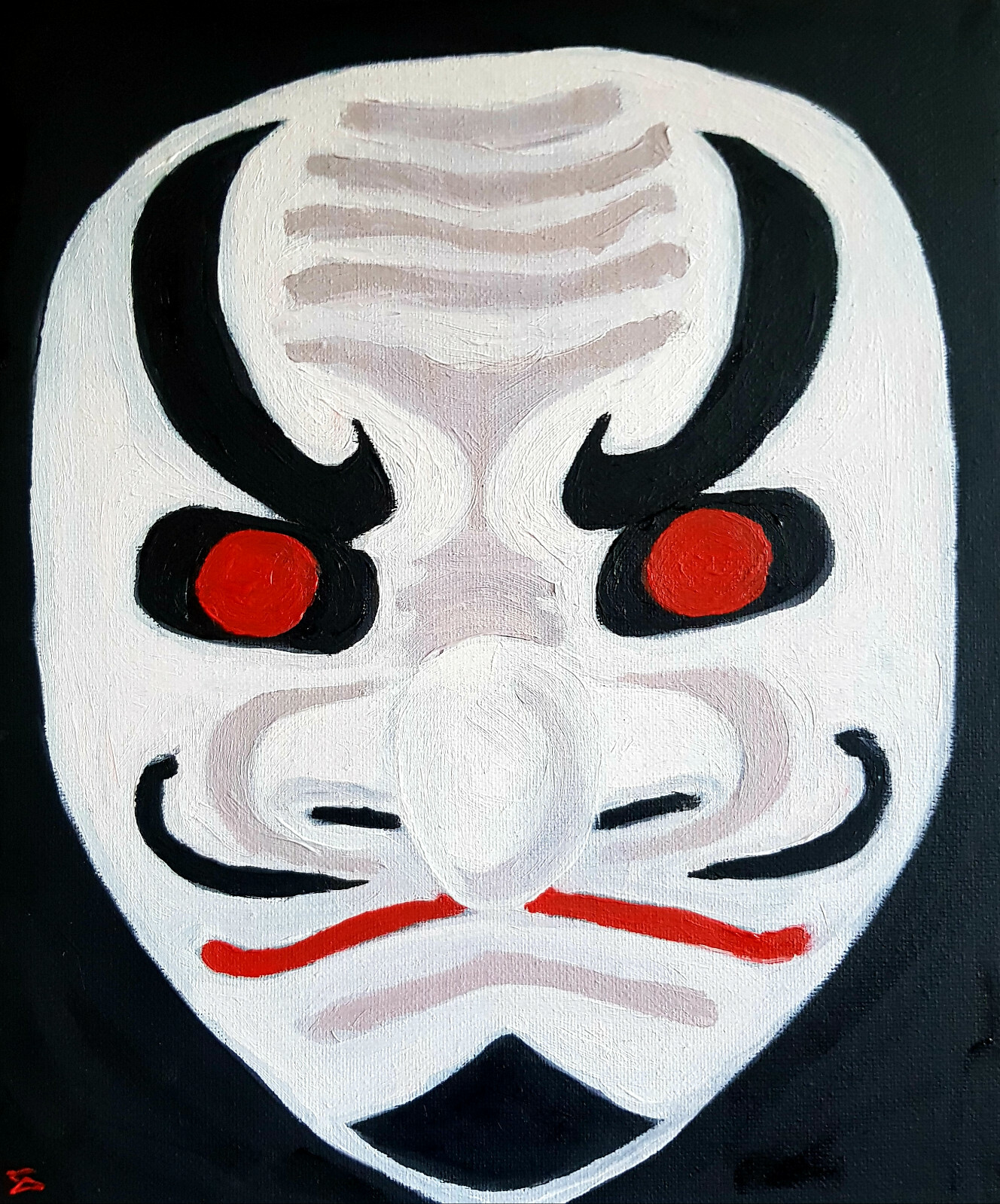 OIL PAINTING CANVAS SIGNED ART FACE YOKAI AKUMA DEVIL JAPANESE MASK ...