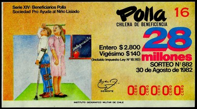 CHILE, LOTTERY TICKET, "POLLA CHILENA", GAME # 882, YEAR 1982, NUMBER ...