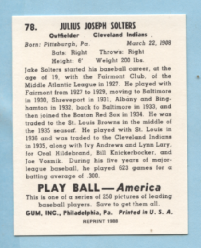 1939 Playball # 78 Julius Solters -- Cleveland Indians -- 742 | eBay