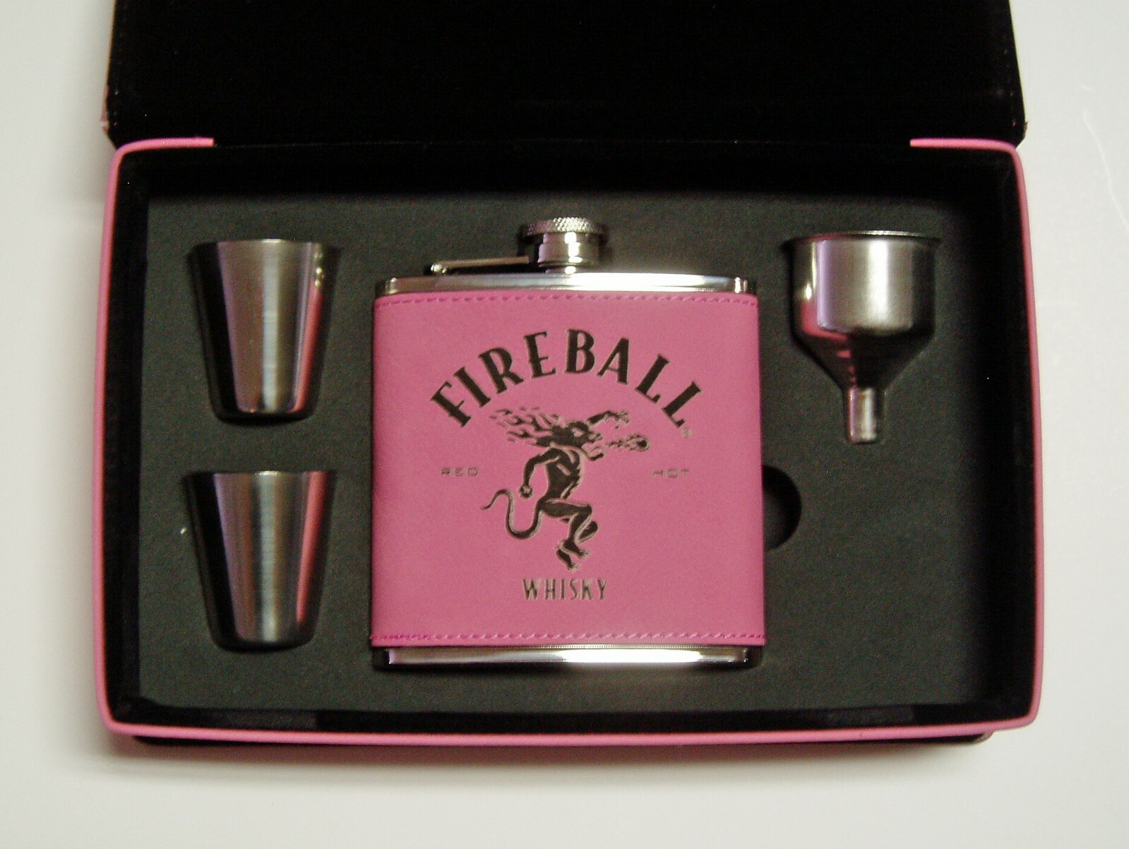 Fireball pink leather flask gift set with 2 shot glasses & funnel in ...