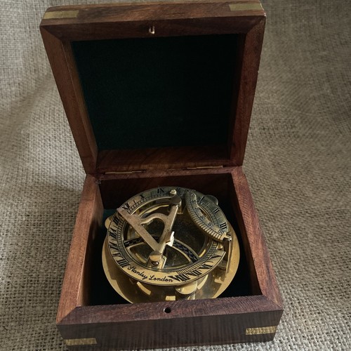 4" Brass Sundial Desk Compass w/ Wooden Box - Old Vintage Antique Style ...