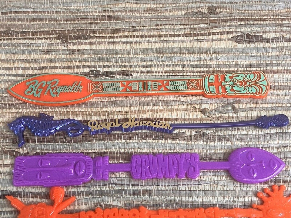 6 TIKI Bar Swizzle Sticks Hukilau SHAG Grumpy's Porco Royal Hawaiian BG ...