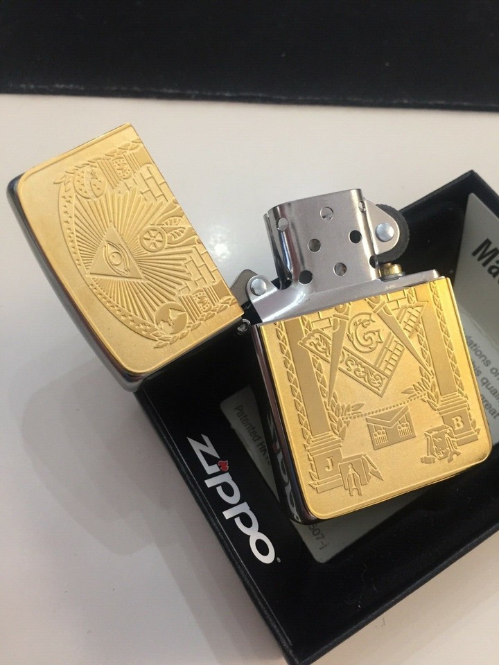 Masonic Zippo Lighter brushed Chrome Free Masons Master gift Gold ...
