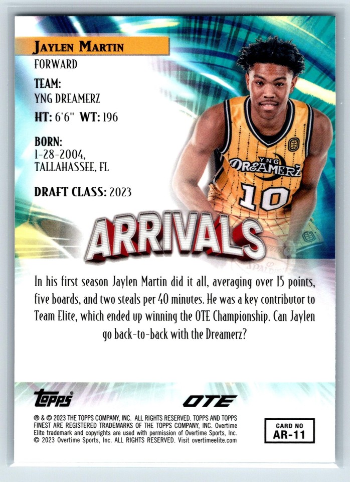 Jaylen Martin Topps Finest OTE Finest Arrivals YNG Dreamerz #AR-11 | eBay