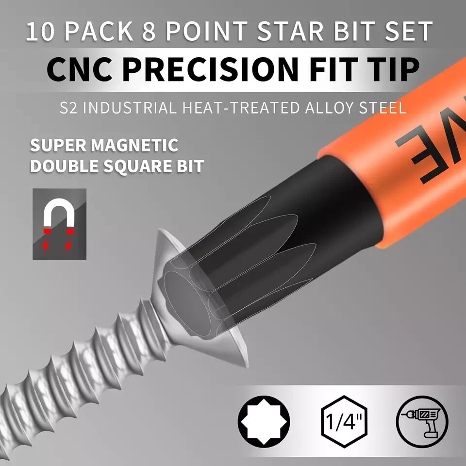 10-Pack 8 Point Star Bit - Professional 8 Point Torx Bit (Magnetic ...