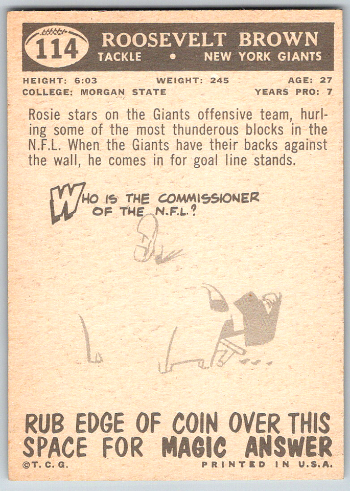 1959 Topps ROOSEVELT ROSEY BROWN #114 NY GIANTS HOF NICE no creases ...