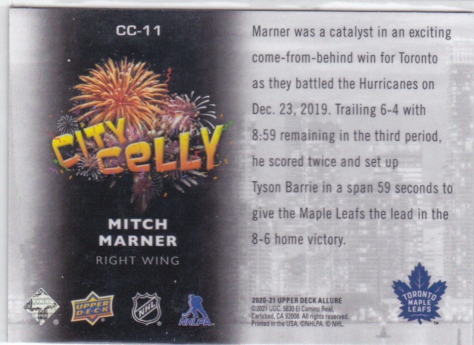 20/21 ALLURE..MITCH MARNER..CITY CELLY..# CC-11..MAPLE LEAFS..FREE ...