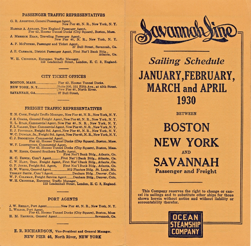 1930 Savannah Line Ocean Steamship Company Boston to Savannah PTT North ...