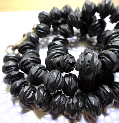 antique Victorian WHITBY JET 20" long fancy carved bead matched ...