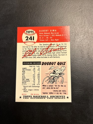 B52 1991 Topps Archives 1953 Reprint #241 Al Sima, Washington Senators ...