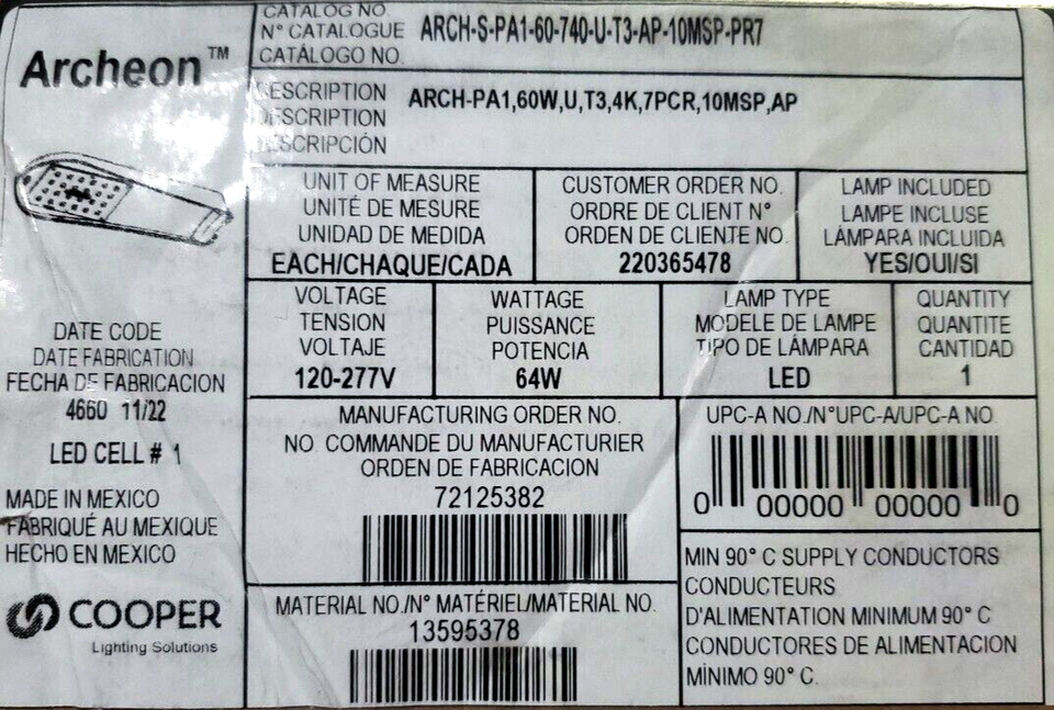 COOPER, ARCH-S-PA1-60-740-U-T3-AP-10MSP-PR7, LED LIGHT Streetworks ...