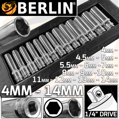 BERLIN 1/4" Drive Deep Socket Set Single Hex Drive Long Reach Deep ...