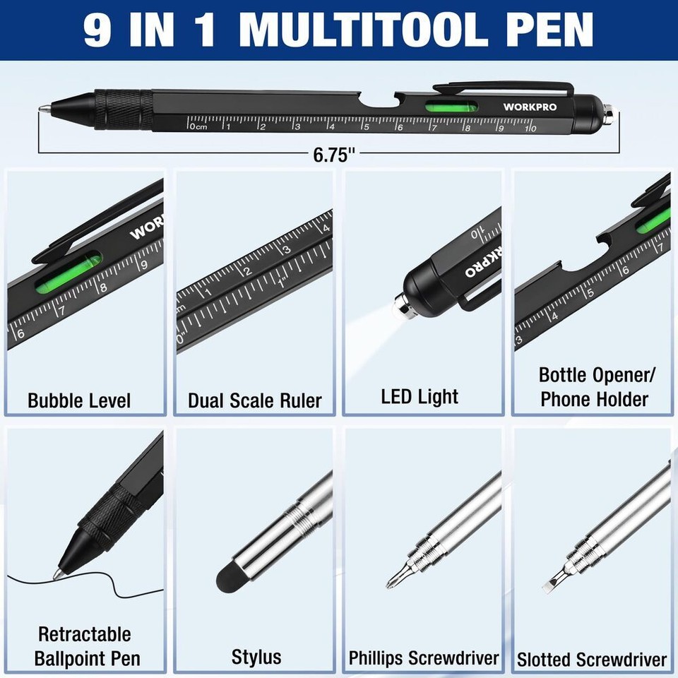 WORKPRO 2-Pack Upgraded Multi-Tool Pens 9 Functions Multi-tool Pen Set ...