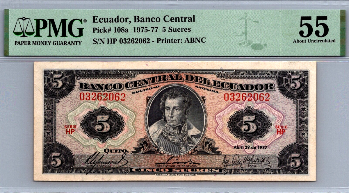 Ecuador Currency 5 Ecuadorian Sucres Banknote 19391967world Banknotes