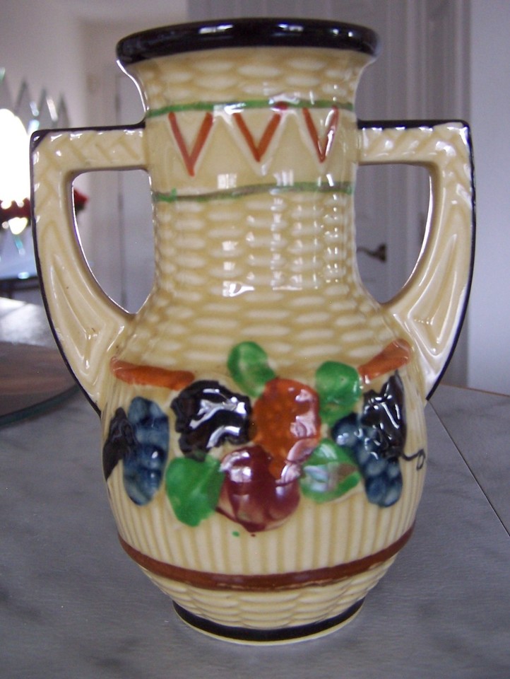 ART DECO Majolica Vase Made in Japan Double Handled Black Striping ...