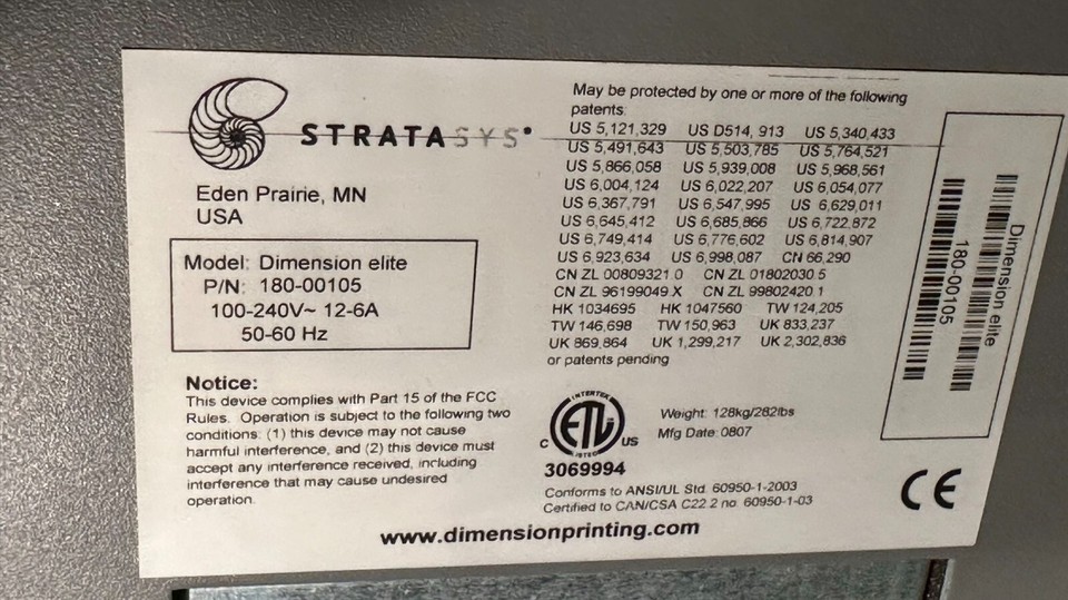 Stratasys Dimension Elite 3D Printer 180-00105 100-240 V | eBay