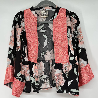 Jaase Floral Kimono Crop Cardigan Women's Sz M Black Pink Rayon ...