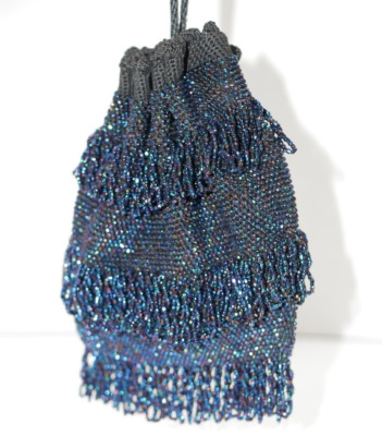 Antique Beaded Blue Black Iridescent Drawstring Bag Vintage | eBay