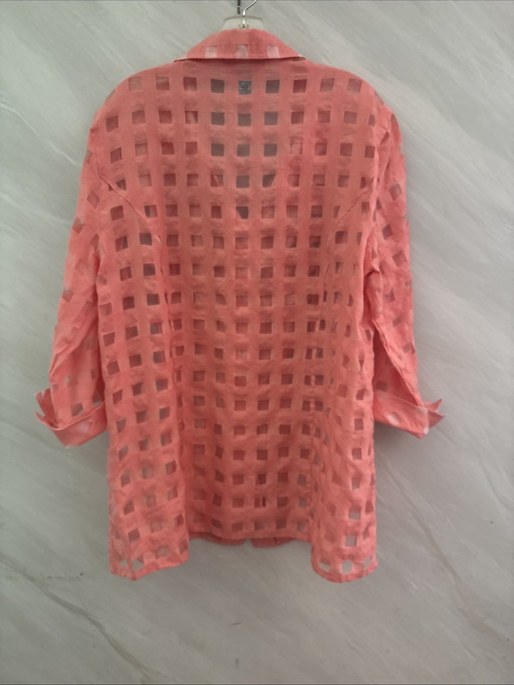 John Mark XL Salmon Window Pane 3/4 Sleeve Button Up Linen Blend Blouse ...