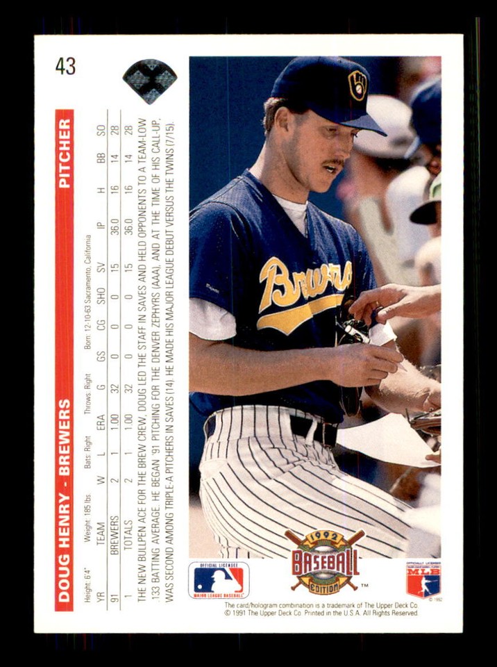 1992 Baseball 1992 Upper Deck Doug Henry Milwaukee Brewers #43 RC1 | eBay