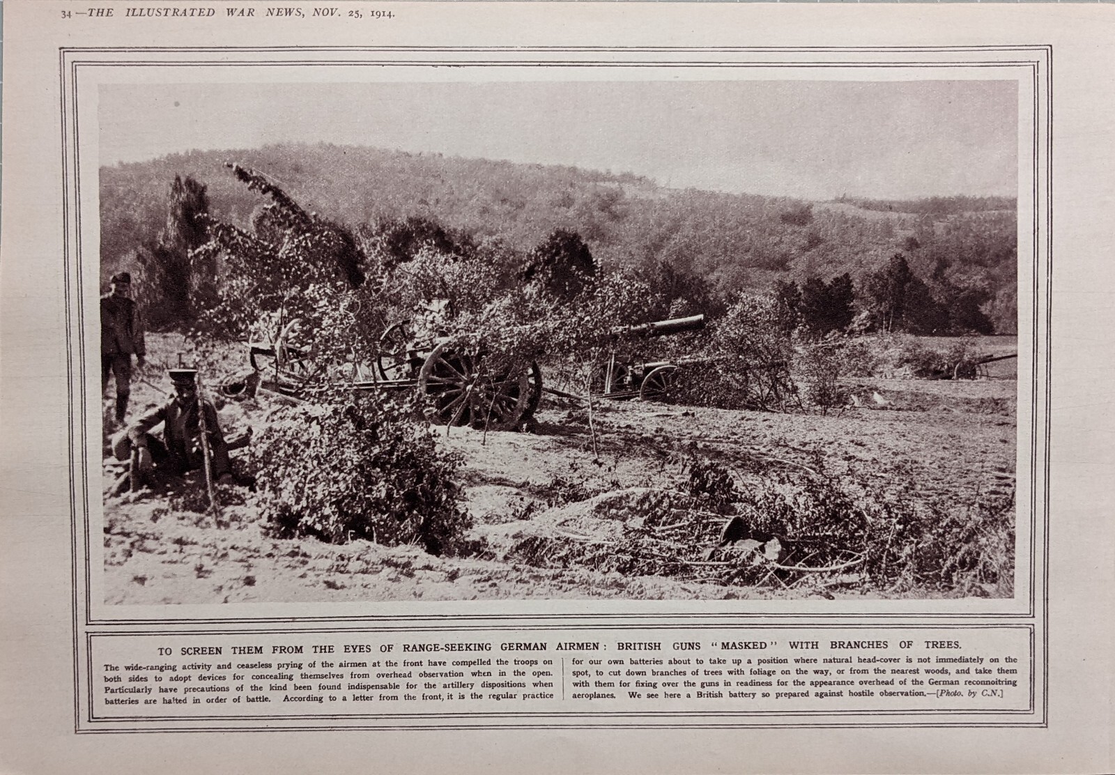 1914 WWI WW1 PRINT BRITISH GUNS MASKED WITH BRANCHES OF TREES SCREEN ...