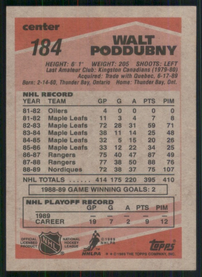 1989-90 Topps #184 Walt Poddubny DP New Jersey Devils 15163 | eBay