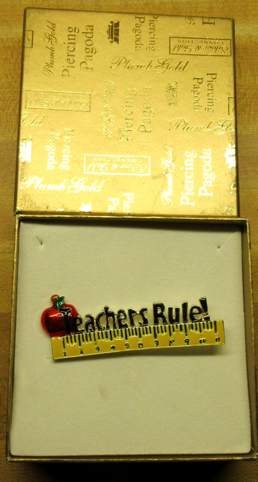 New TEACHERS RULE Ruler Apple Brooch Pin gold tone metal enamel red ...