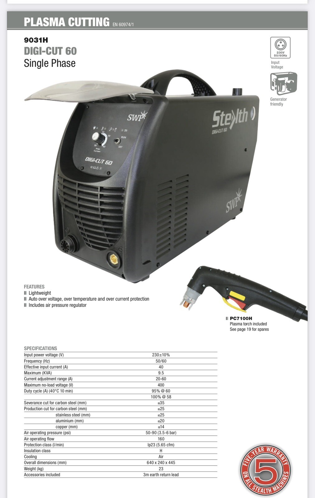STEALTH DIGI CUT 60 PLASMA CUTTER. 25MM CLEAN CUT. 240 VOLT. FIVE YEARS ...