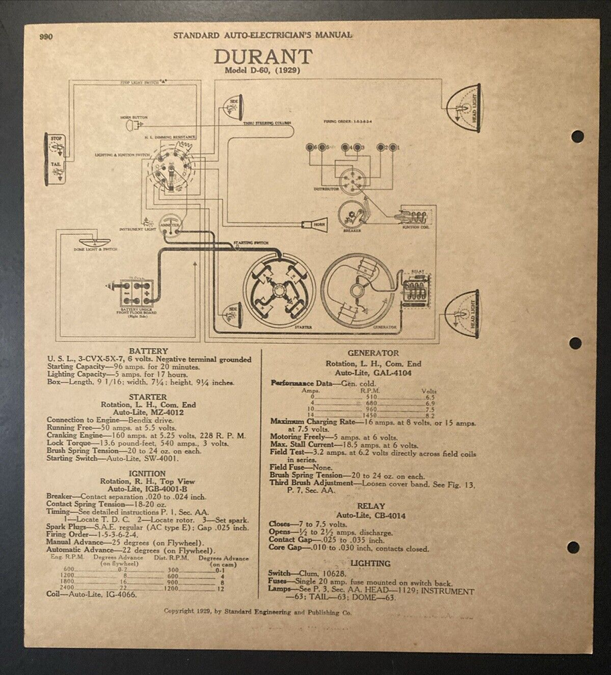 1929 Durant Model 40 1929 Durant Model D-60 Auto Electrical Schematic ...