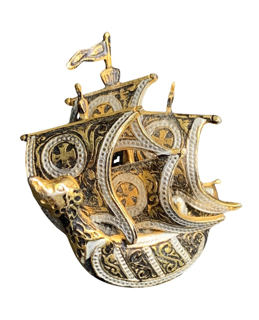 Vintage Marked Spain Damascene Ship Boat Brooch Pin … - Gem