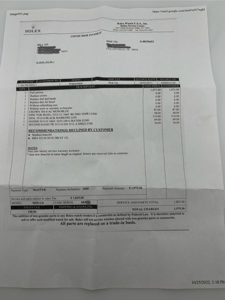 Rolex Submariner 5512 40mm Stainless Steel Rolex Service Receipt | eBay