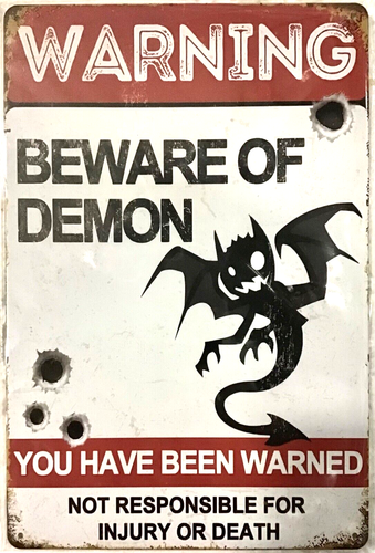 TIN SIGN new 8x12 Beware warning demon funny bullets death injury teen ...