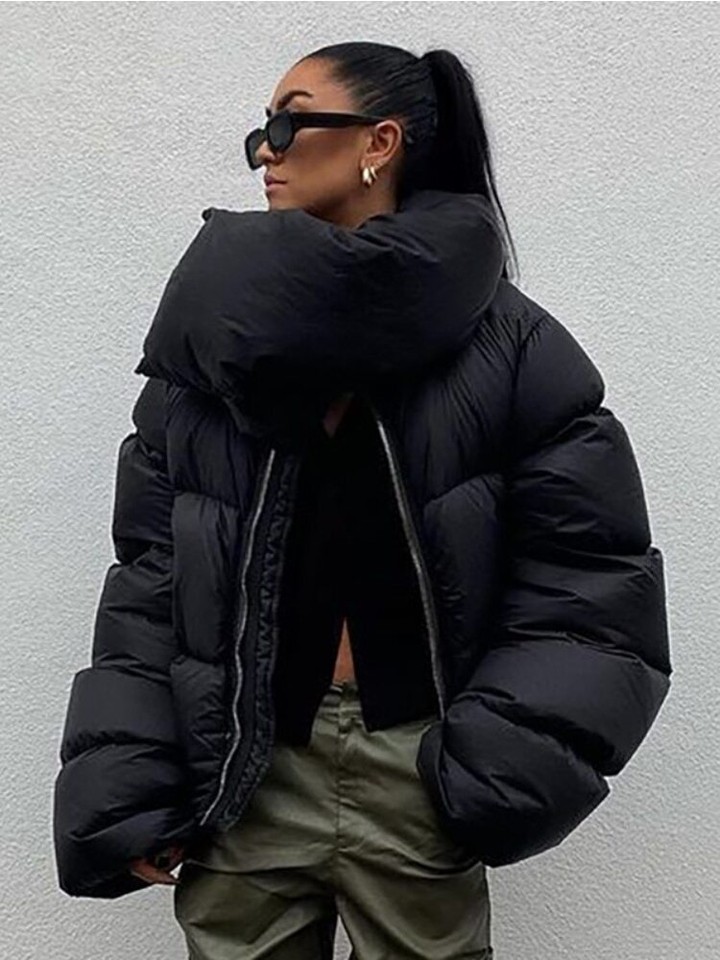 Winter Casual Black Bubble Coat for Women Zipper Scarf Collar Short ...