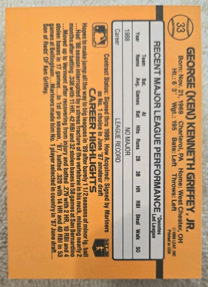 RARE-Ken Griffey Jr. Rookie ERROR CARD-No Period Dot after Inc /white ...