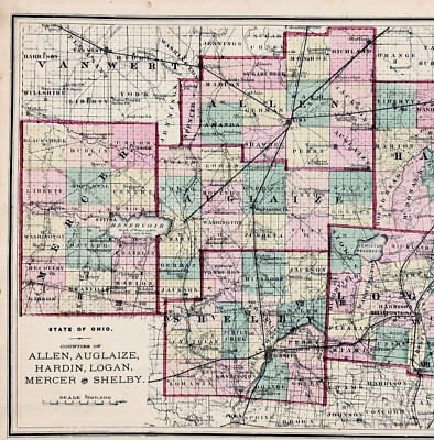 IL, IN, MI, OH, WI - Allen Counties Ohio Handcolored Map
