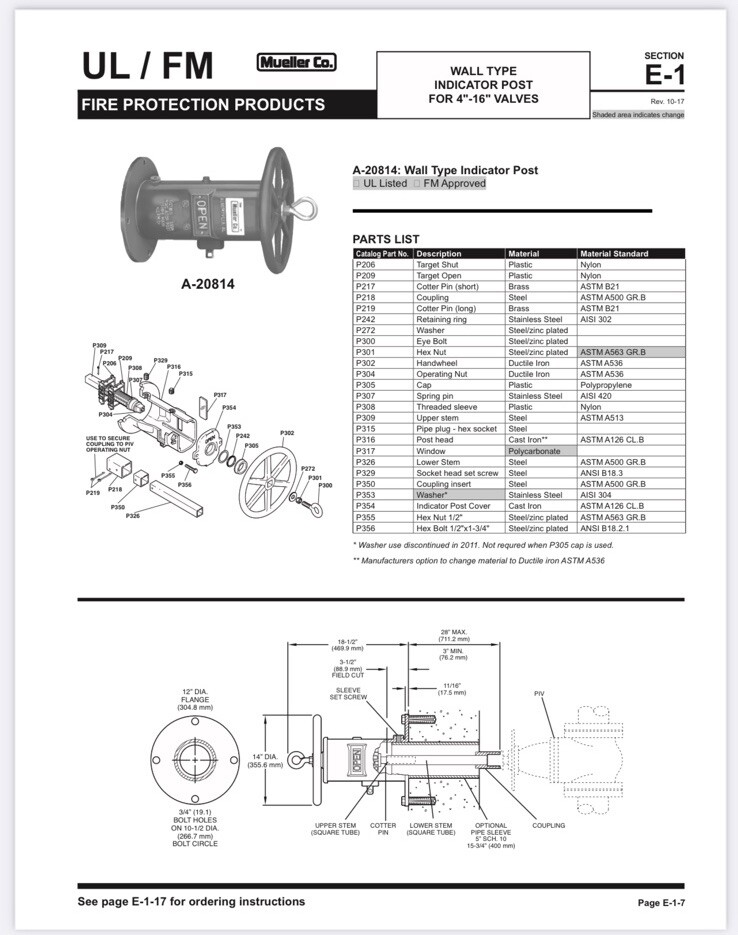 A-20814 MUELLER KV2945W CI WALL INDICATOR POST F/4-12 VLV 7000360520 ...